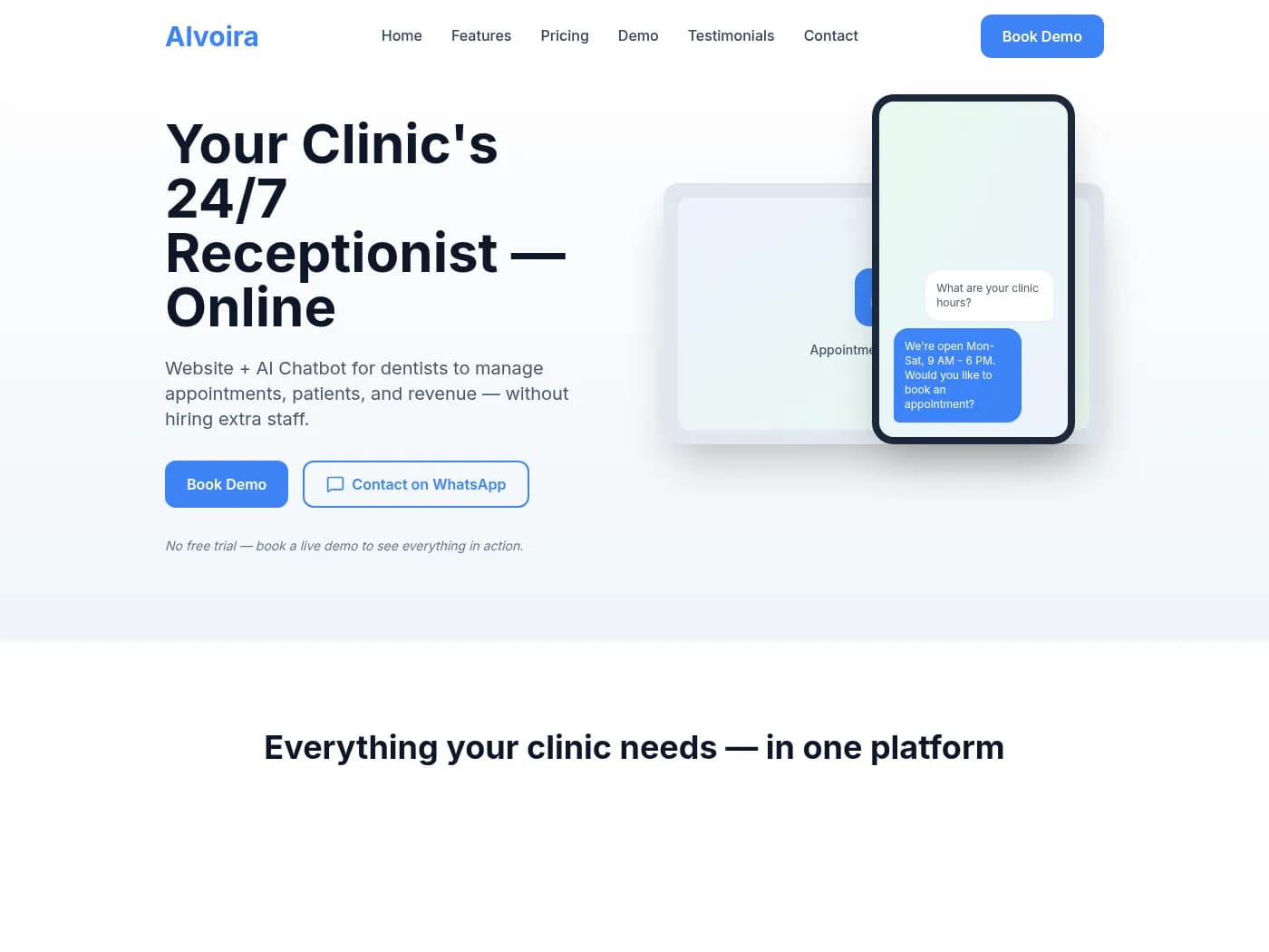 Alvoira — Responsive Marketing Website & AI Chatbot Demo for Dental Clinics (India)