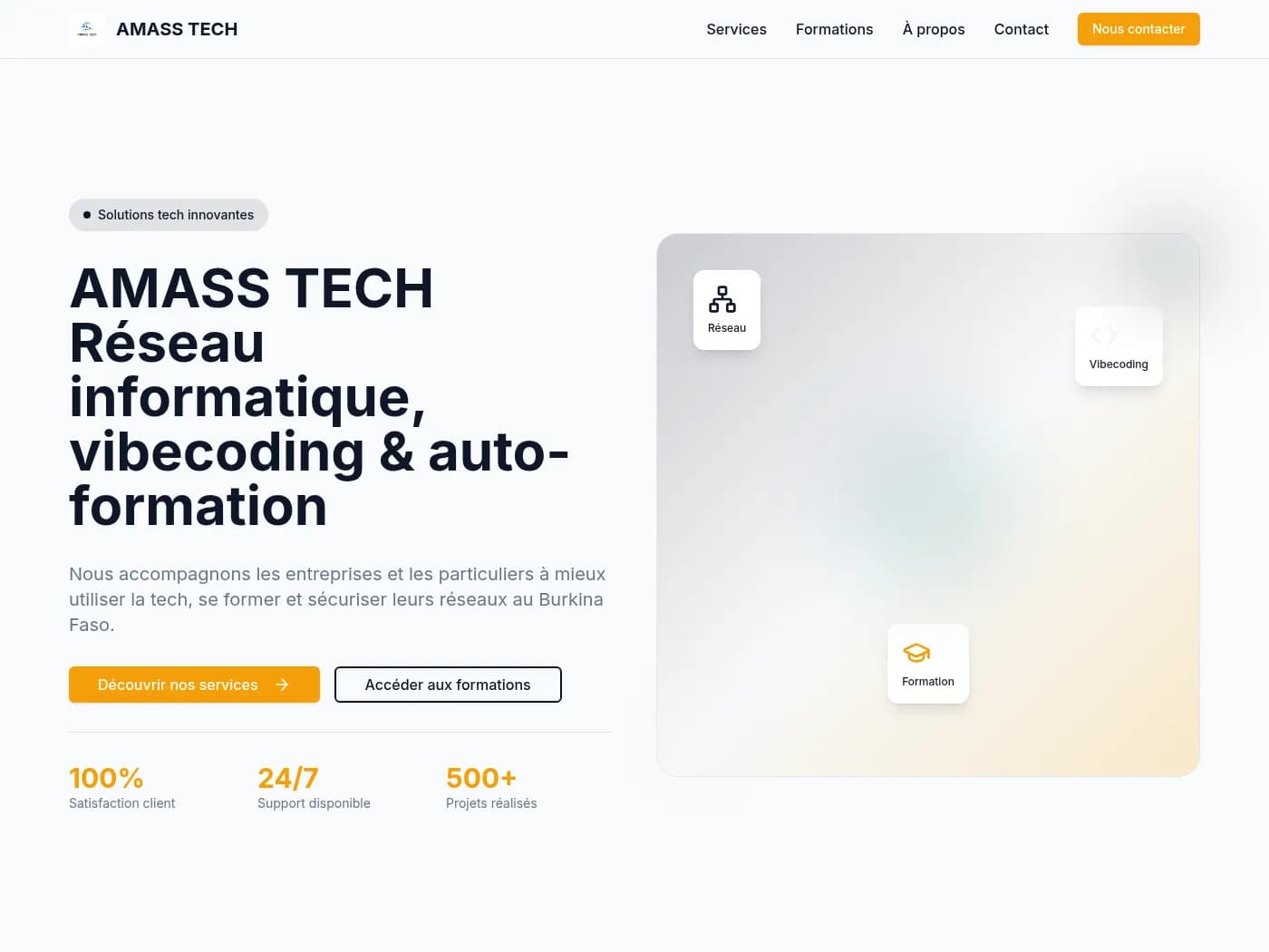 AMASS TECH - Plateforme web moderne pour solutions réseaux, vibecoding et auto-formation interactive