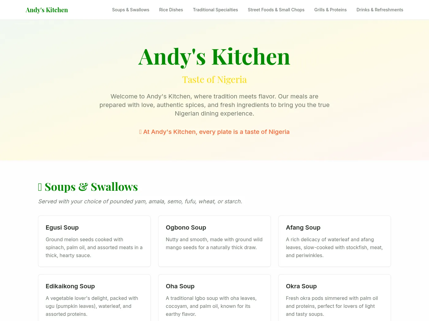 Andy's Kitchen: Taste of Nigeria Restaurant Web App