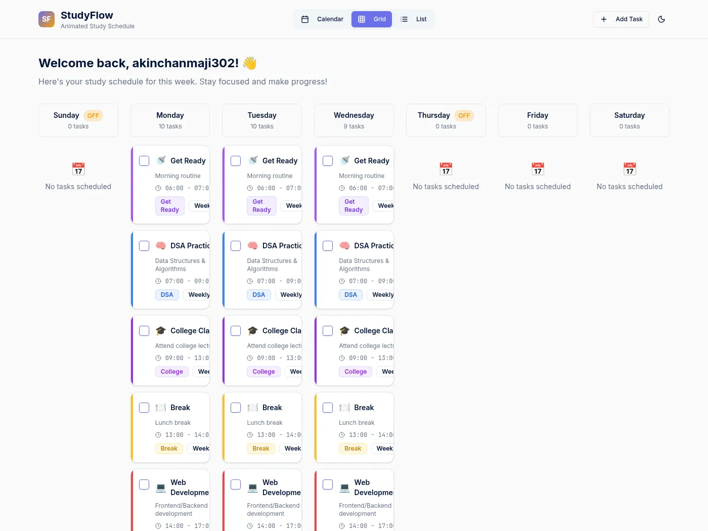 Animated Study Schedule To-Do Web App
