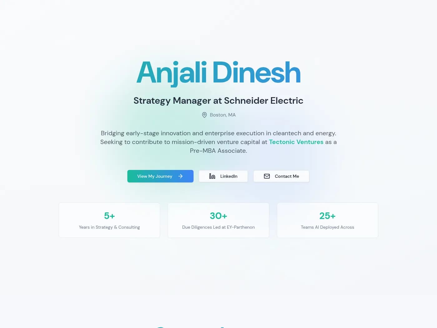 Anjali Dinesh Career Timeline and Portfolio for Tectonic Ventures Application