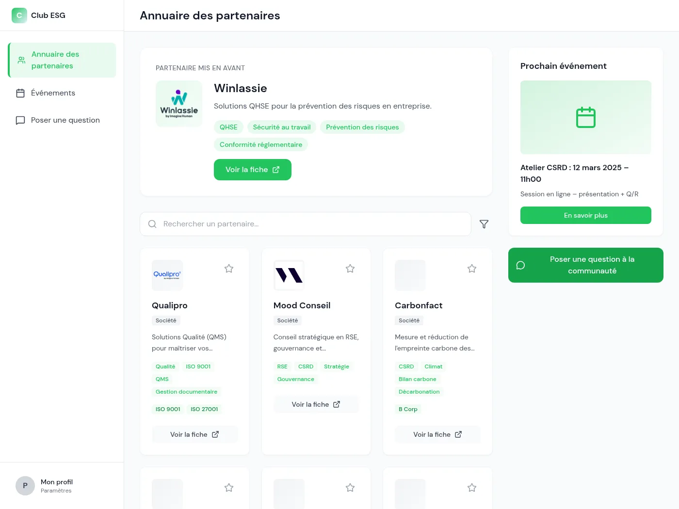 Annuaire des partenaires — Dashboard privé Écosystème Fletchr