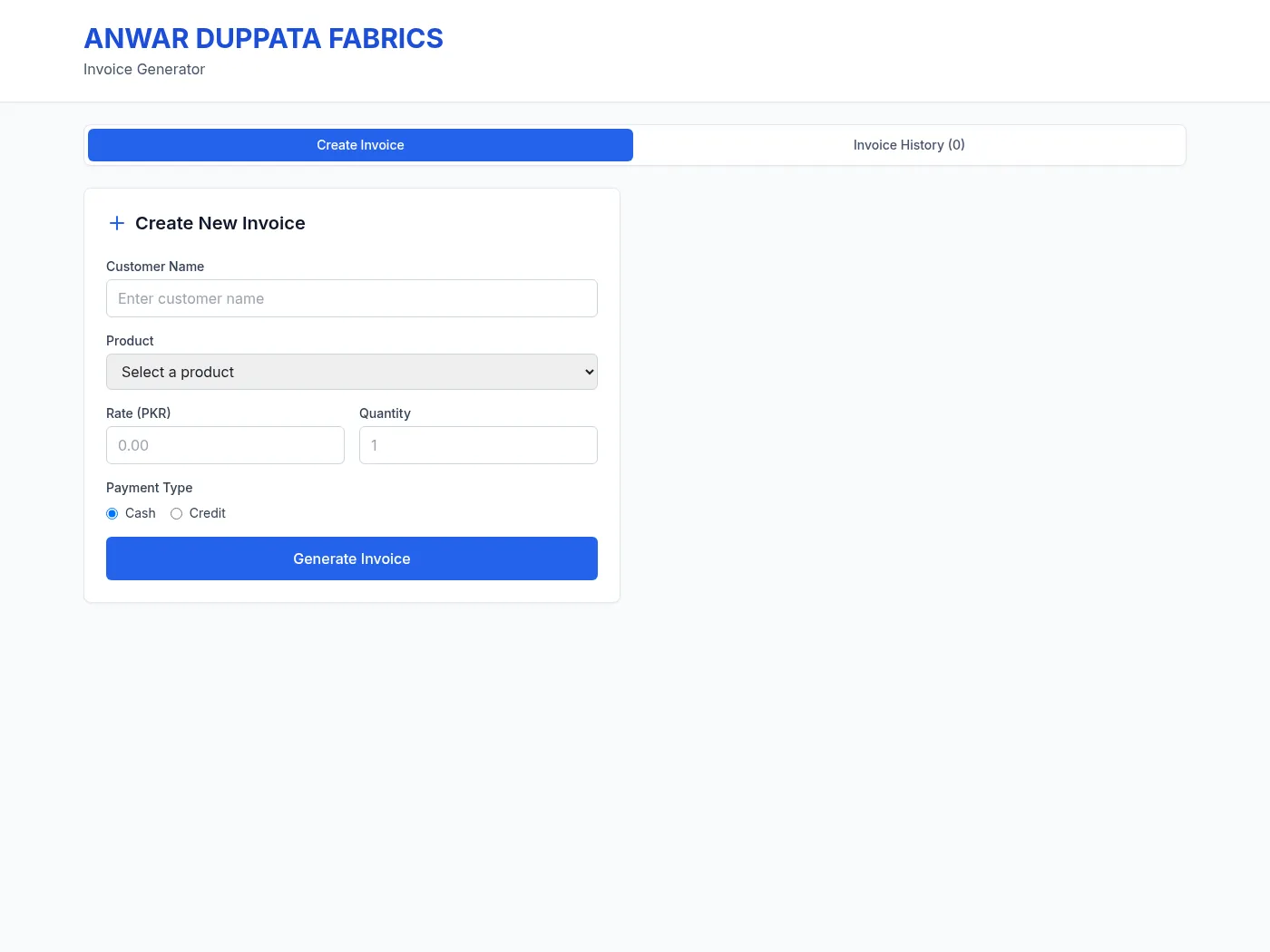 ANWAR DUPPATA FABRICS Invoice Generator Web App