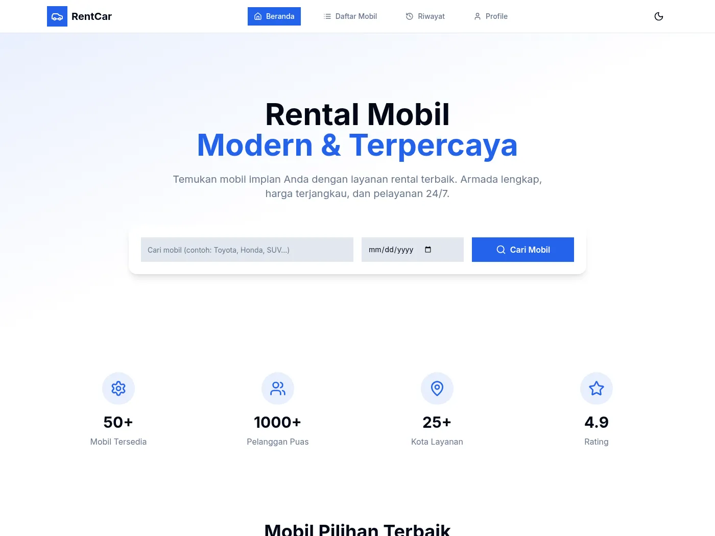 Aplikasi Rental Mobil Modern dengan UI Menarik & Mode Gelap