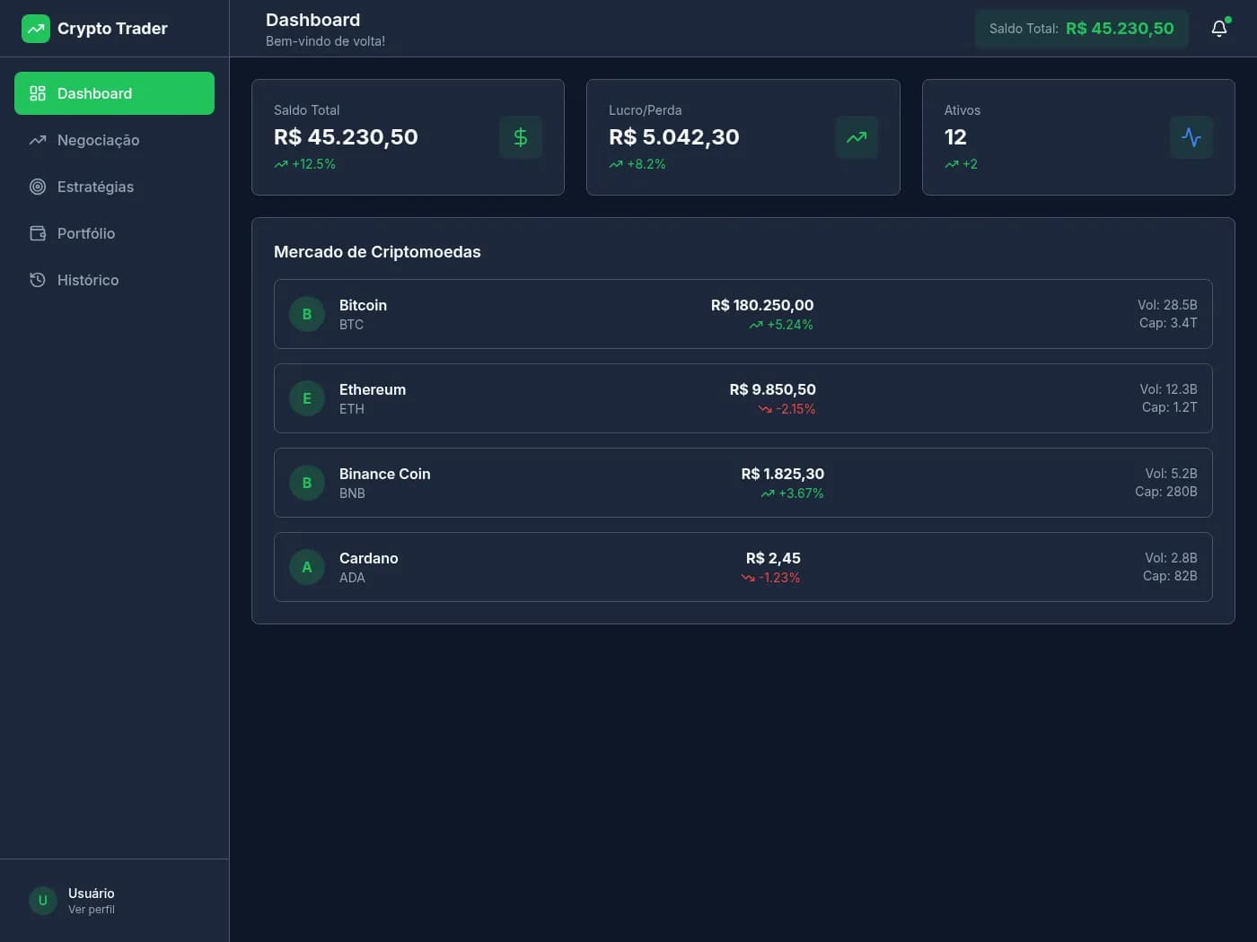 App de Negociação de Criptomoedas com Estratégias em Português
