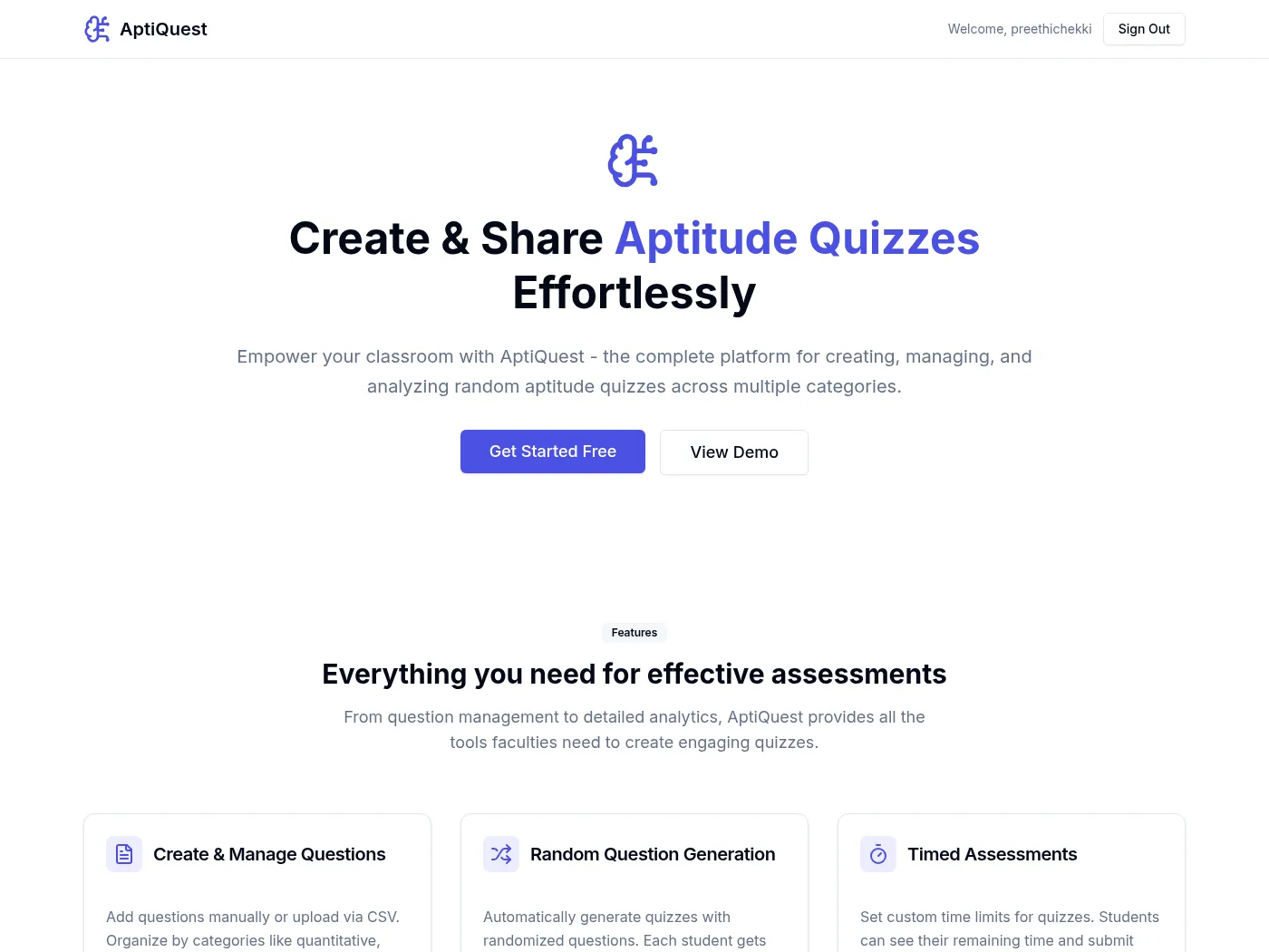 AptiQuest - Random Aptitude Quiz Generator and Management Platform for Faculties and Students