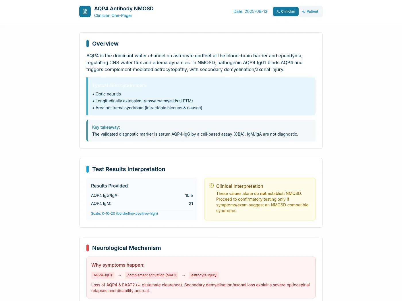 AQP4 Antibody NMOSD Clinician One‑Pager Web Tool