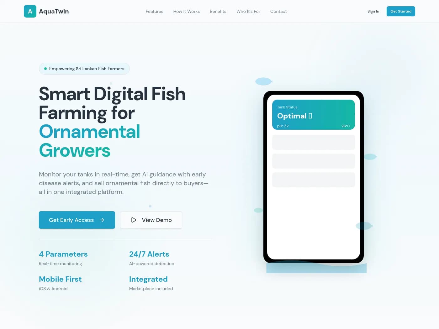 AquaTwin Landing Page – Smart Digital Ecosystem for Ornamental Fish Farmers