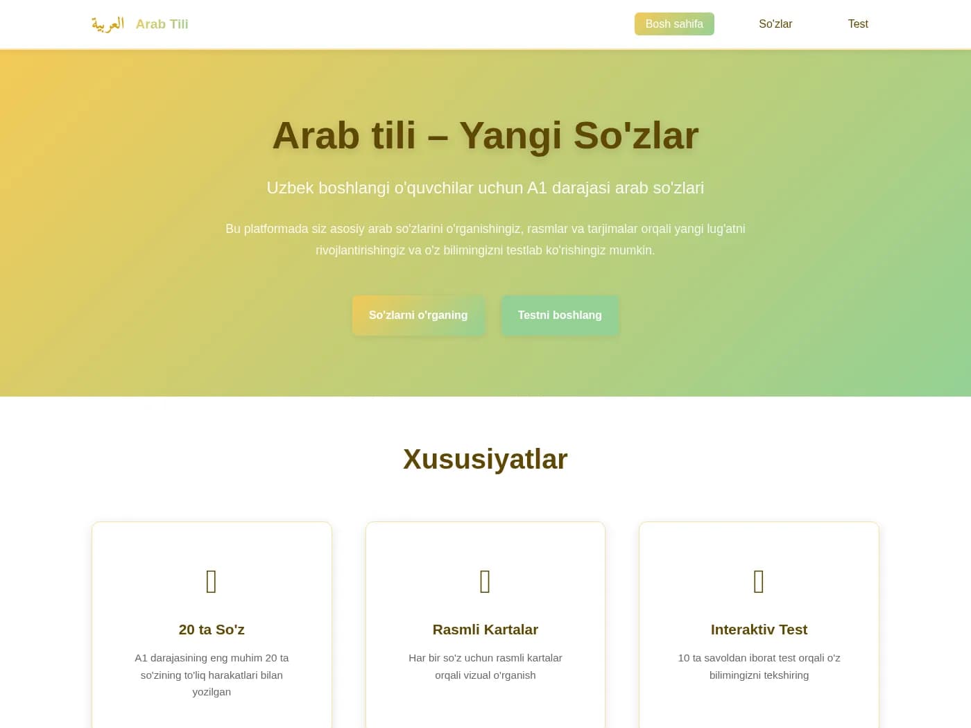 Arab Tili – Yangi So‘zlar: A1-Level Arabic Vocabulary Learner for Uzbek Beginners