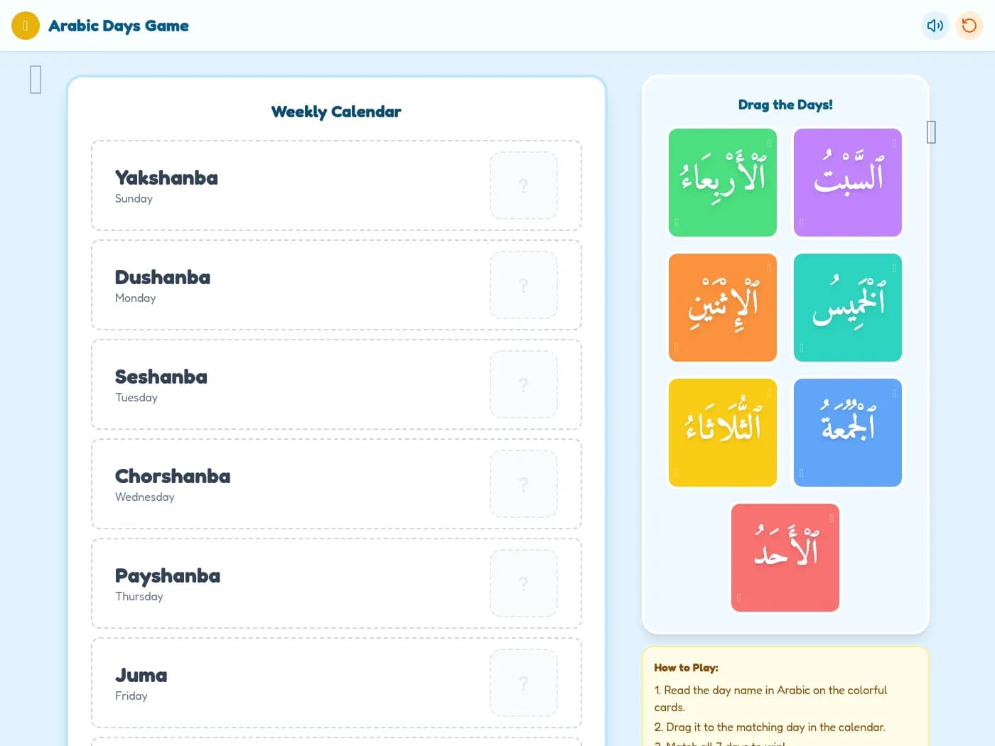 Cartoon Arabic Days of the Week Educational Game for Kids