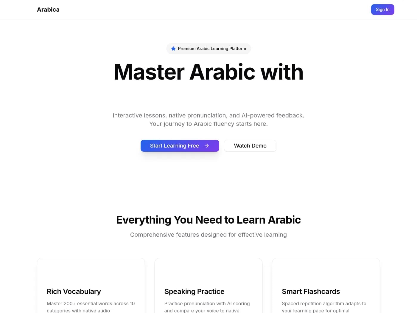 Arabica: Premium Arabic Learning Platform for English Speakers
