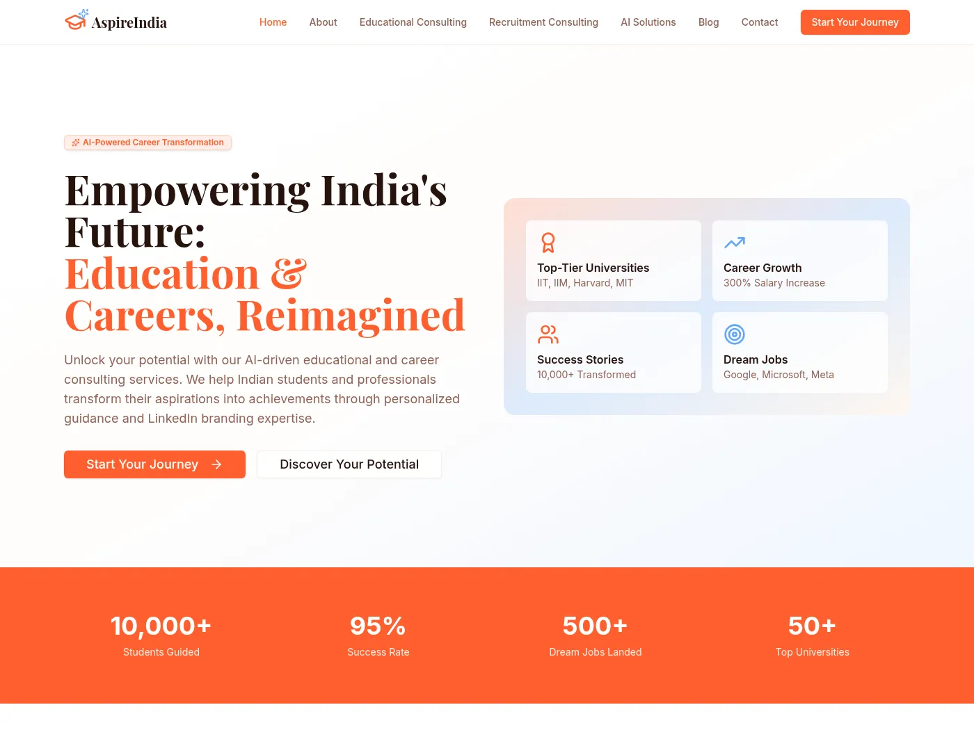 AspireIndia: AI-Driven Educational & Career Consulting Website