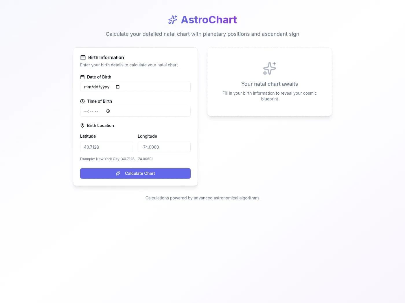 AstroChart – Minimal Natal Chart Calculator Webpage