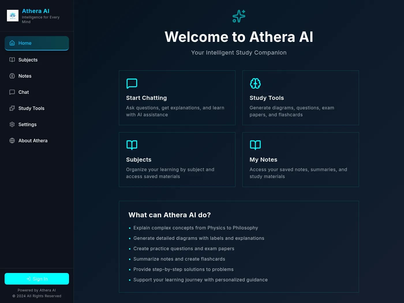 Athera AI – Futuristic Intelligent Study Assistant Platform