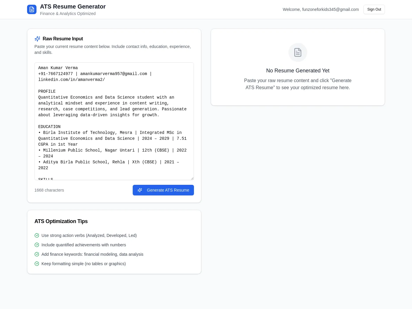 ATS-Optimized Resume Generator for Finance & Analytics Internships
