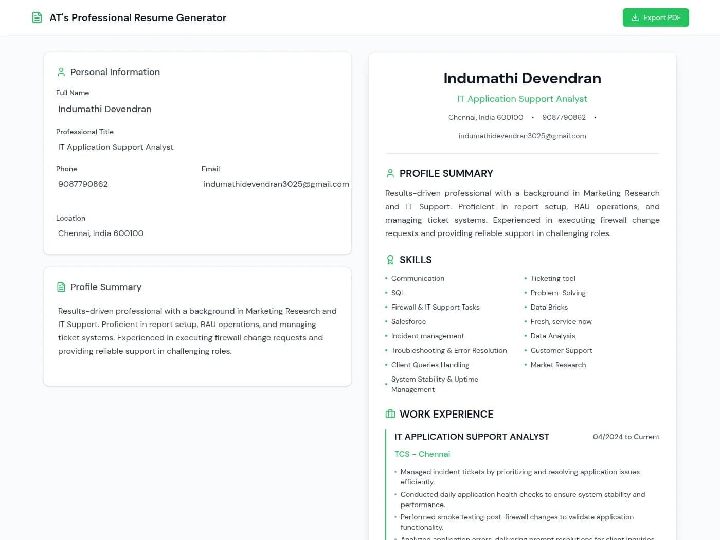 AT's Professional Resume Generator