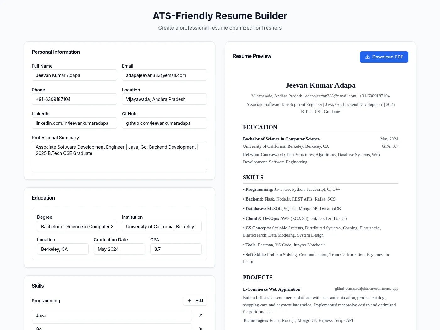 ATS-Friendly Modern Resume Builder for Freshers