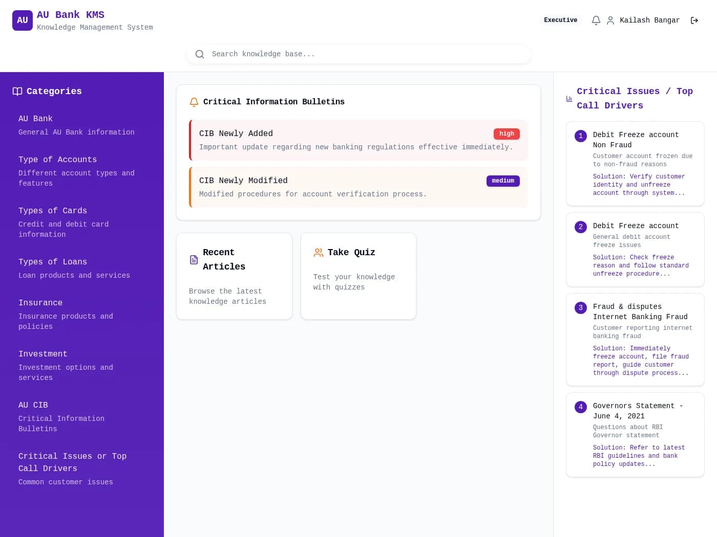 AU Bank Knowledge Management & Customer Care Platform