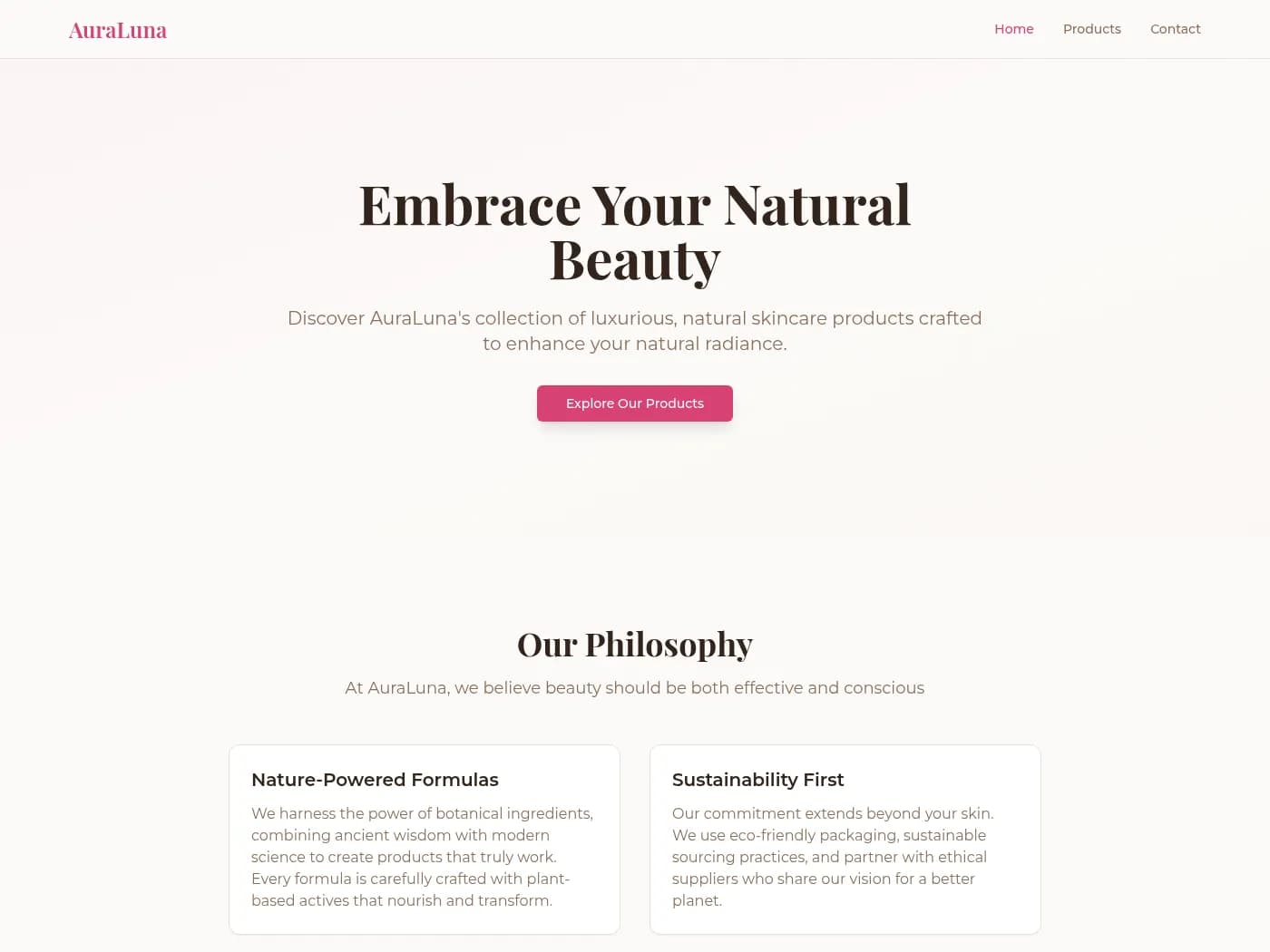 AuraLuna Beauty Product Showcase Website