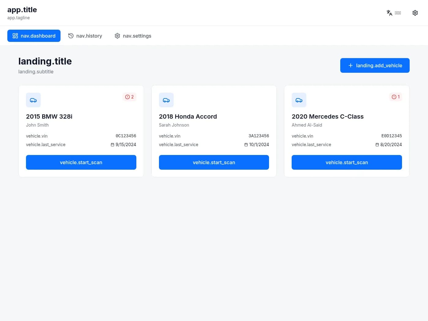 AutoSense – Bilingual AI Vehicle Diagnostics UI Mockup