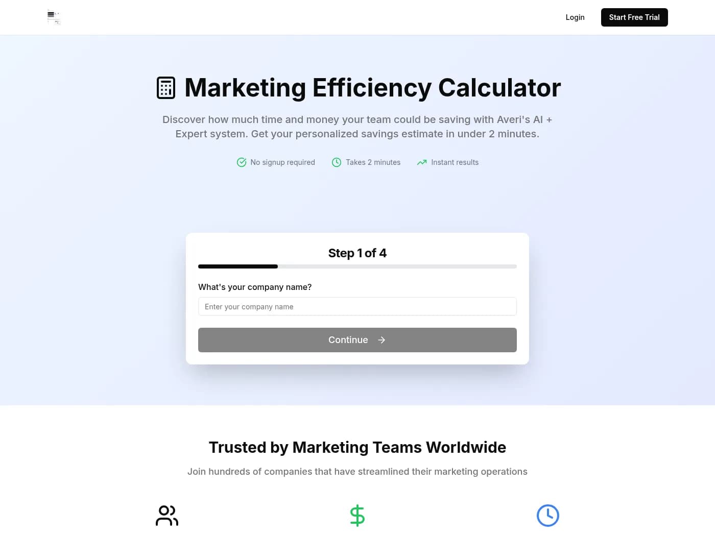 Averi Marketing Efficiency Calculator Landing Page