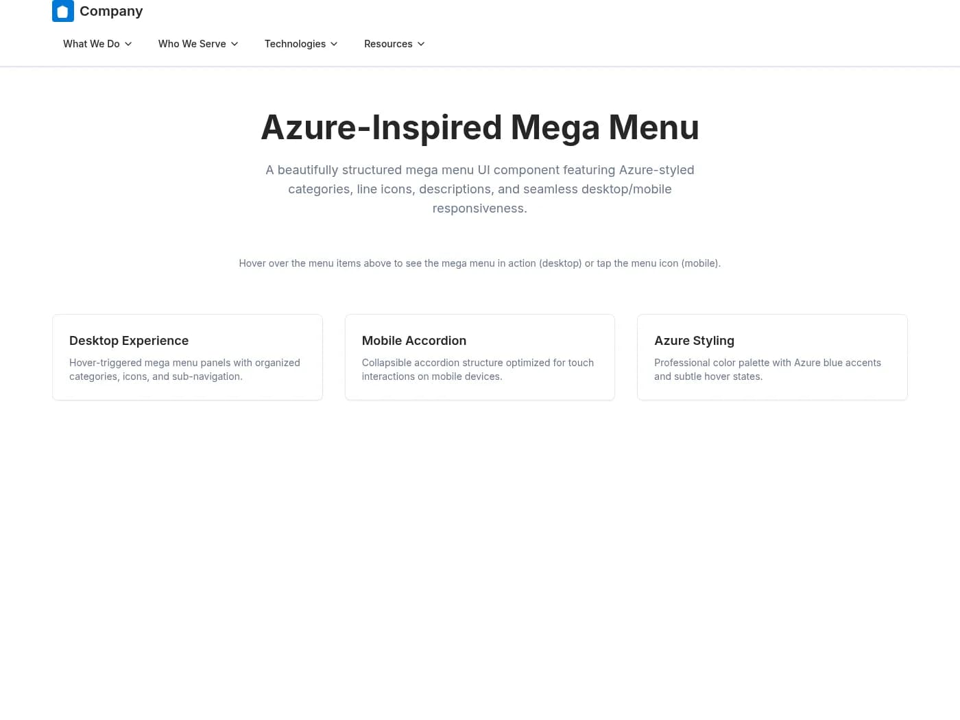 Azure-Inspired Mega Menu Navigation UI