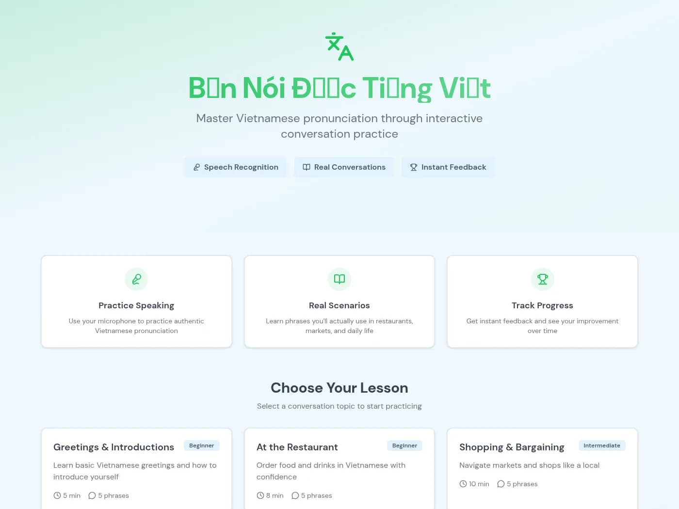 Bạn Nói Được Tiếng Việt - Vietnamese Language Conversation Practice Web App
