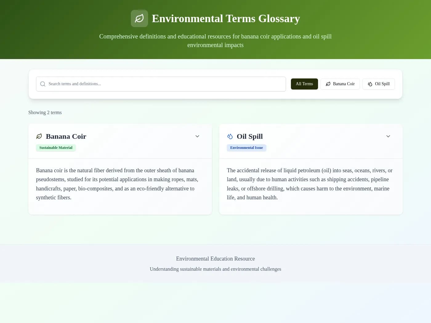 Banana Coir & Oil Spill Glossary Web Tool