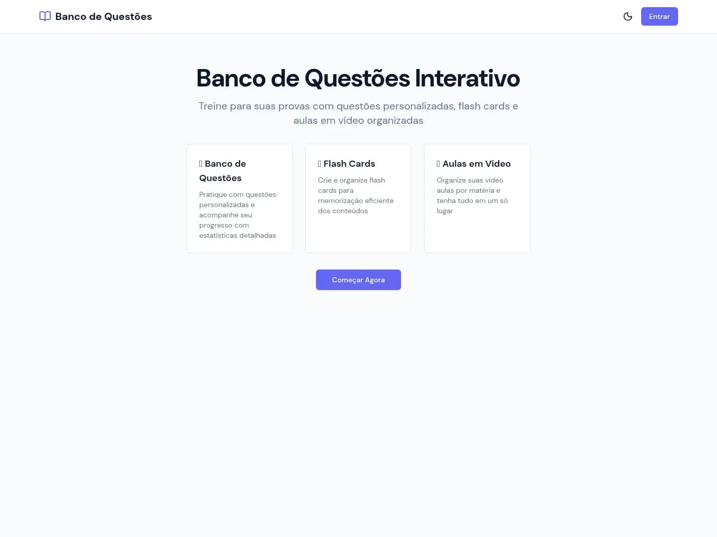 Banco de Questões Interativo com Gerenciamento de Progresso, Flash Cards e Aulas em Vídeo