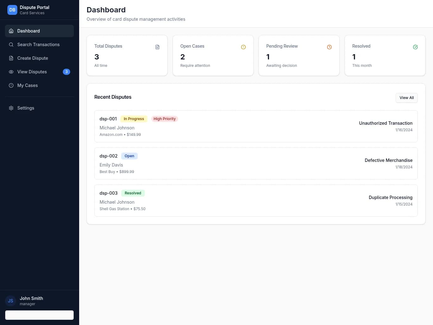 Bank Card Dispute Management UI Portal