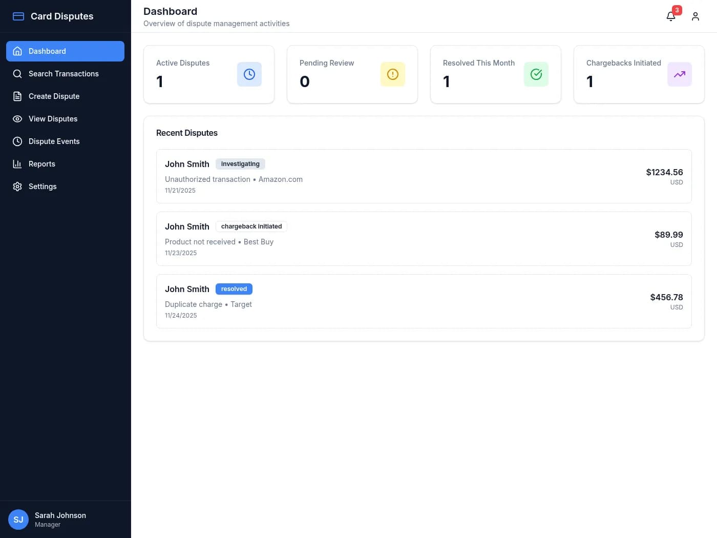 Bank Card Dispute Management Dashboard UI