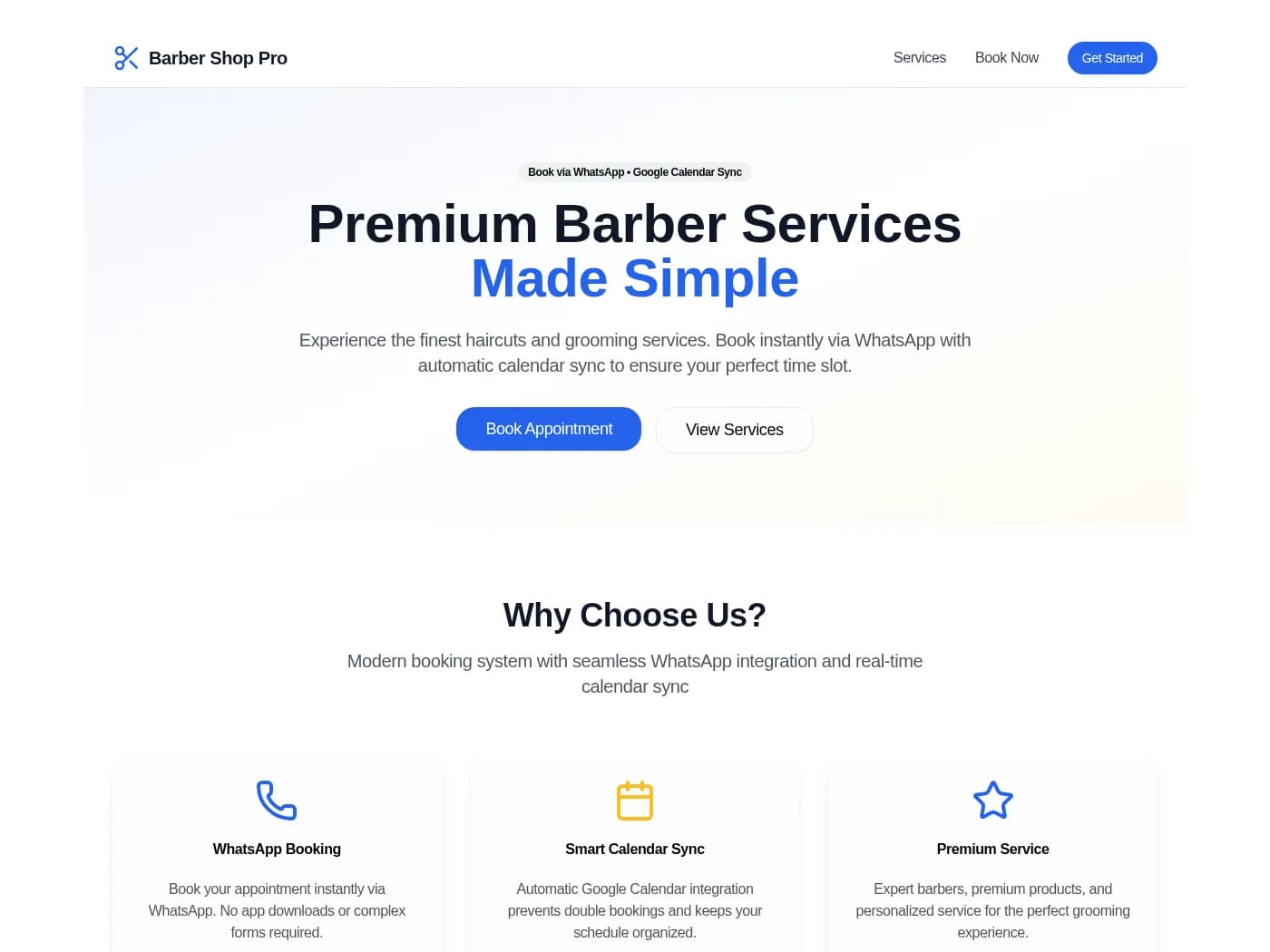 Barber Booking Website with WhatsApp Integration and Google Calendar Sync