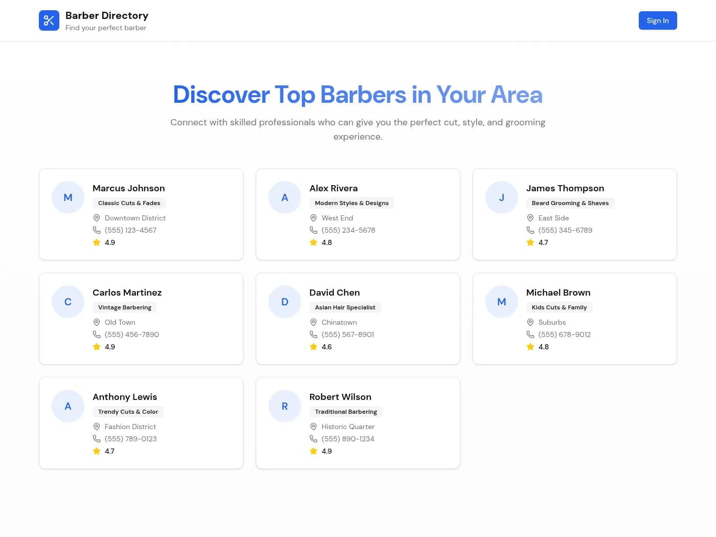 Barbers Directory Homepage with Firebase Auth