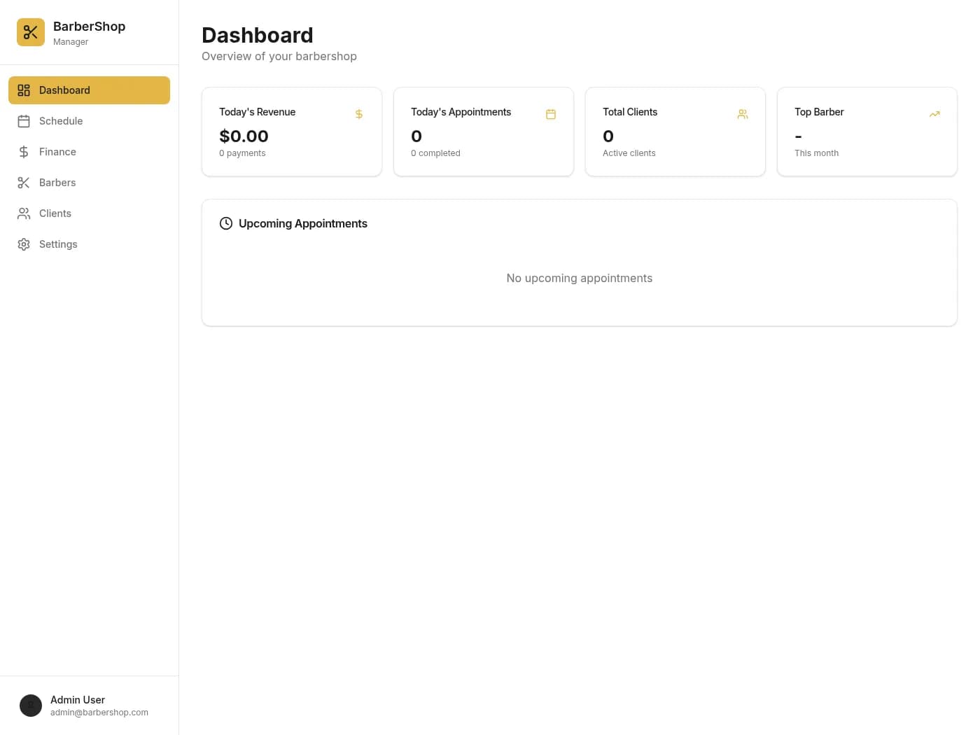 BarberShop Manager – Modern Dashboard for Scheduling, Financials & Team Management