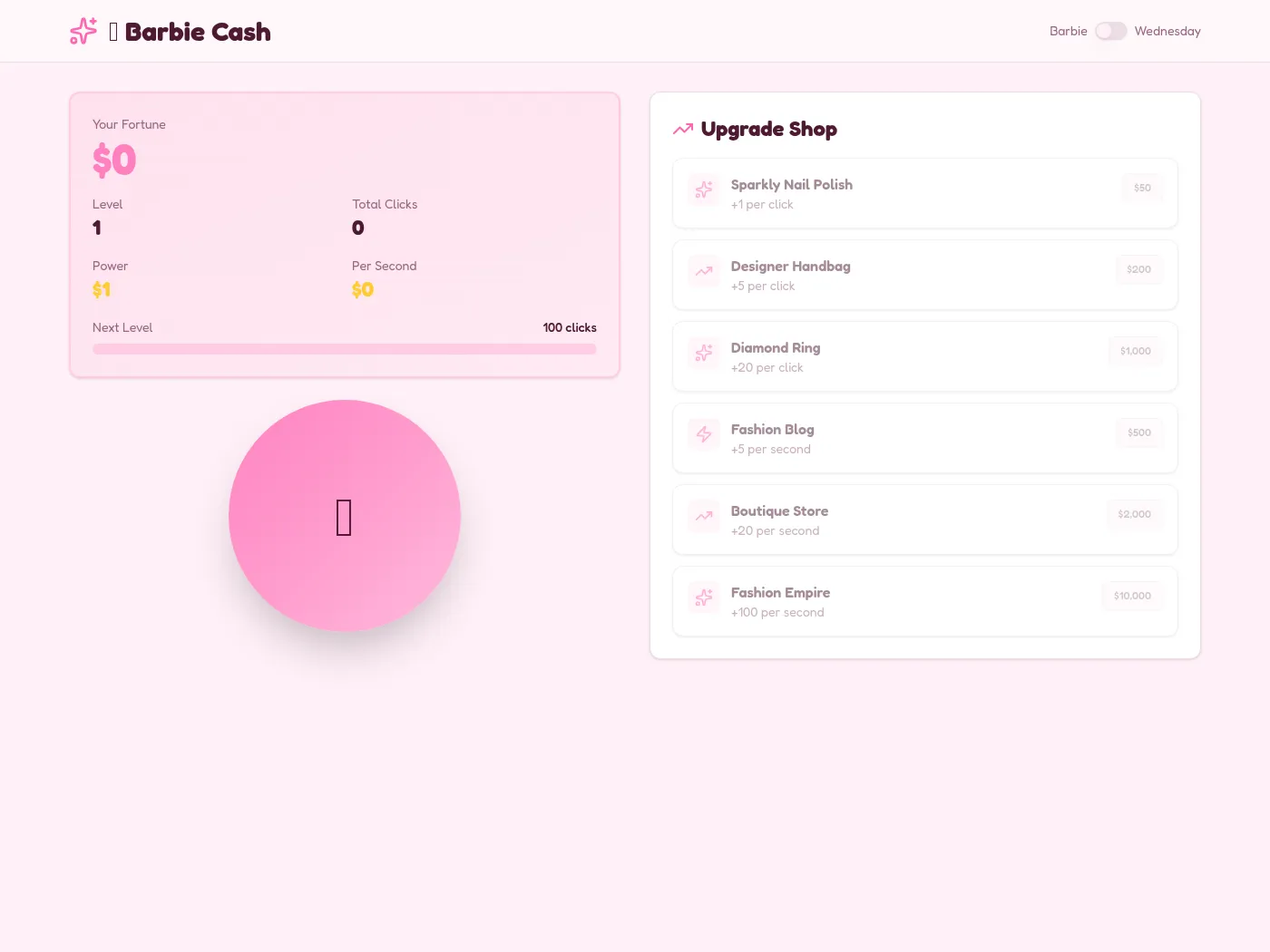 Barbie vs Wednesday Clicker: Pink Cash & Style Game