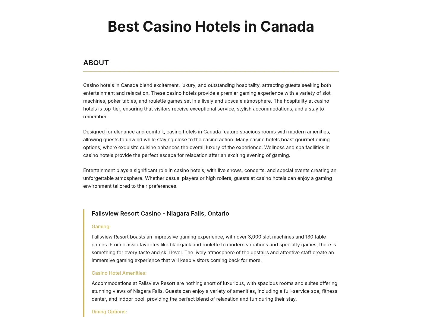 Best Casino Hotels in Canada Landing Page