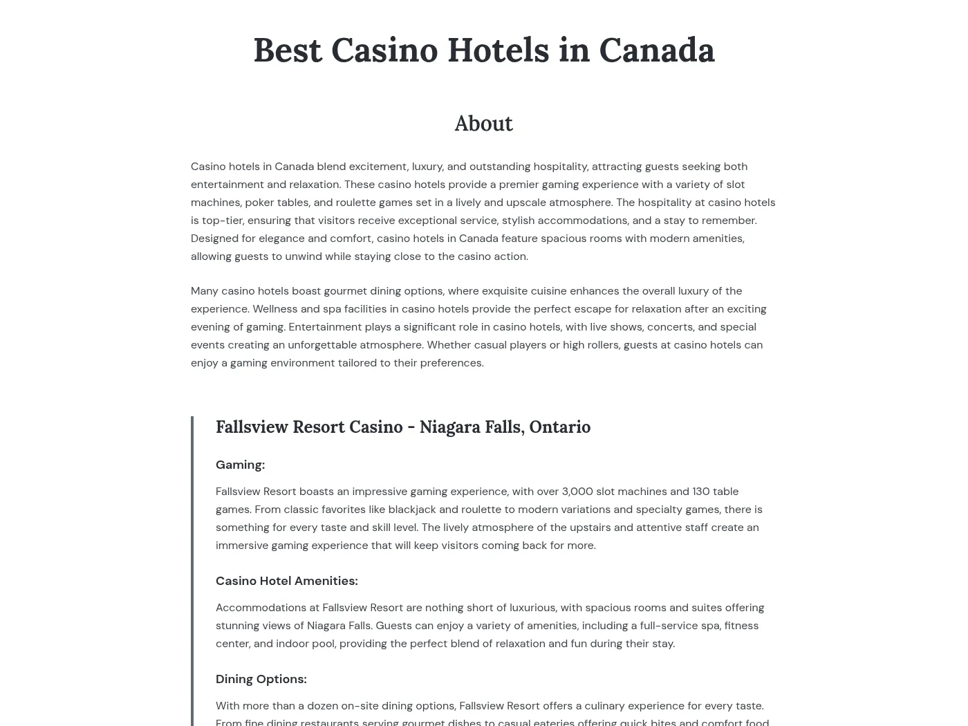Best Casino Hotels in Canada Landing Page