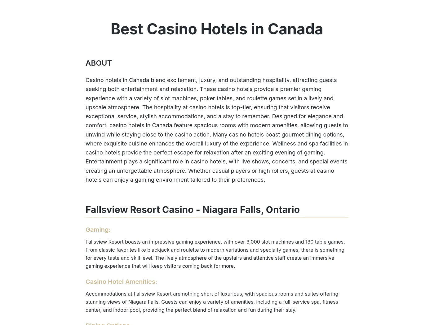 Best Casino Hotels in Canada Landing Page