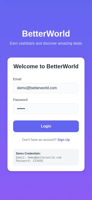 BetterWorld Cashback & Deals – Multilingual Mobile App Prototype