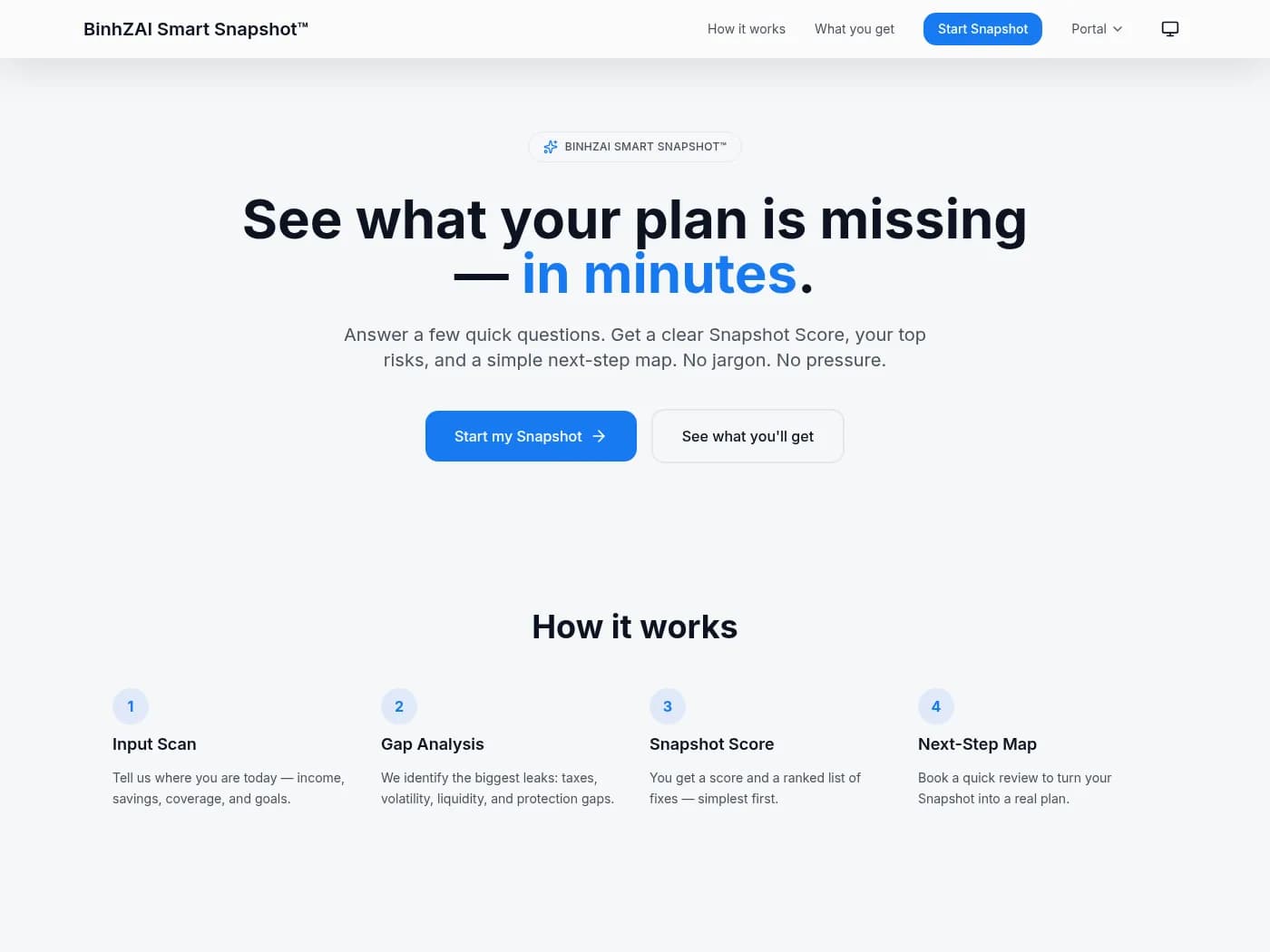 BinhZAI Smart Snapshot™ – Guided Plan Assessment Platform