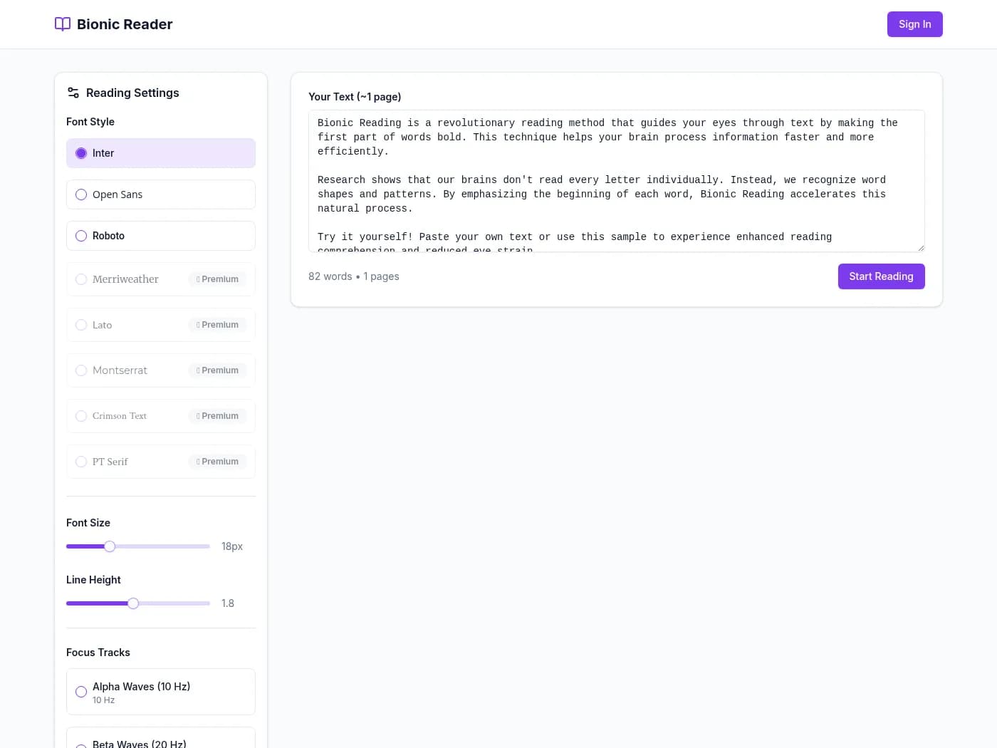 Bionic Reading App with Tiered Subscription Plans
