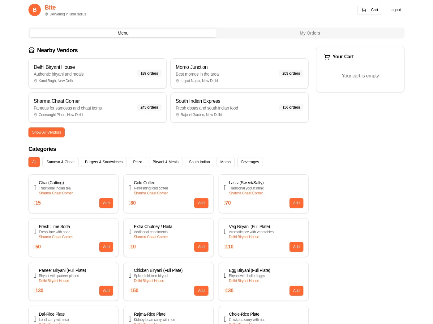 Bite: Hyperlocal Food Delivery Platform with Dynamic Bonuses & Vendor Commission
