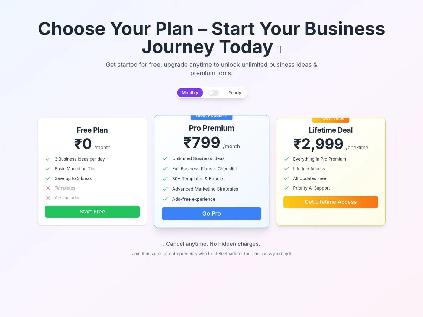 BizSpark Pricing Page UI – Modern Plans for AI Business Idea Platform