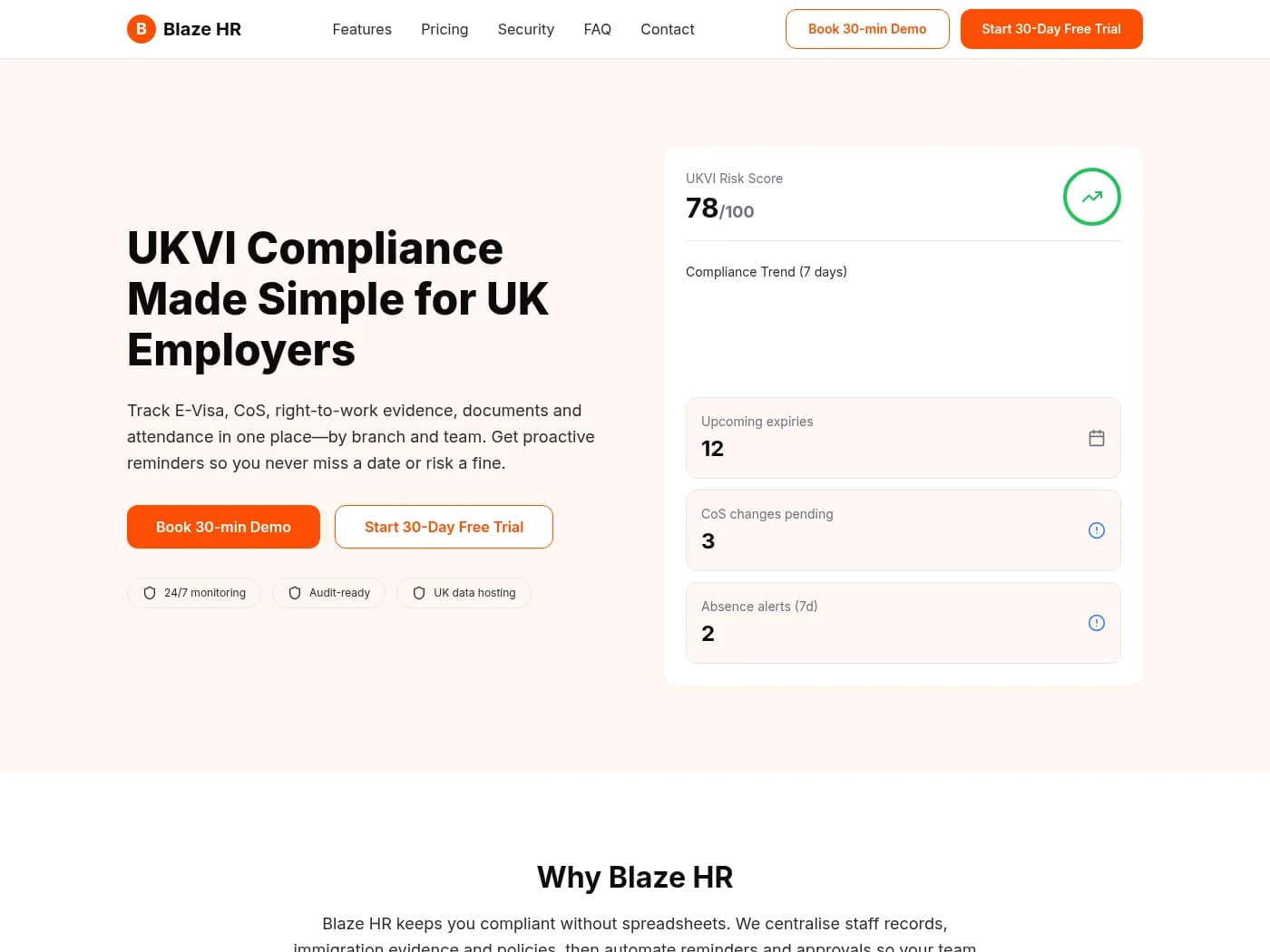 Blaze HR – UKVI Compliance SaaS Landing Page
