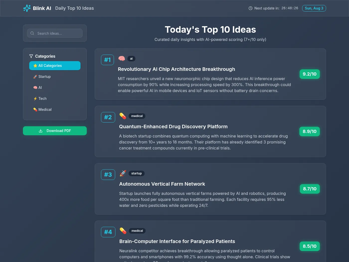 Blink AI: Futuristic Daily Top 10 Ideas Dashboard