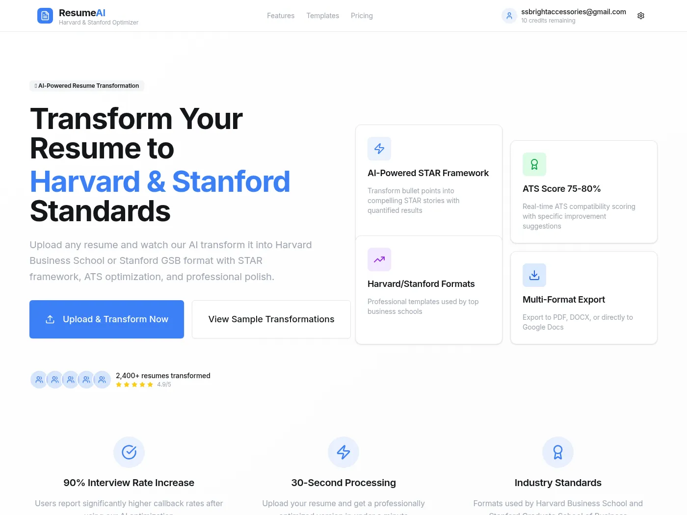 Blink AI Resume Optimization Platform with Harvard/Stanford and ATS Compatibility