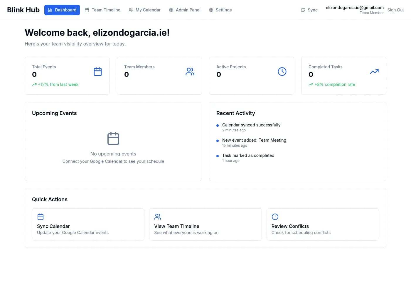 Blink Hub - Plataforma Minimalista de Visibilidad de Equipo Integrada con Google Calendar