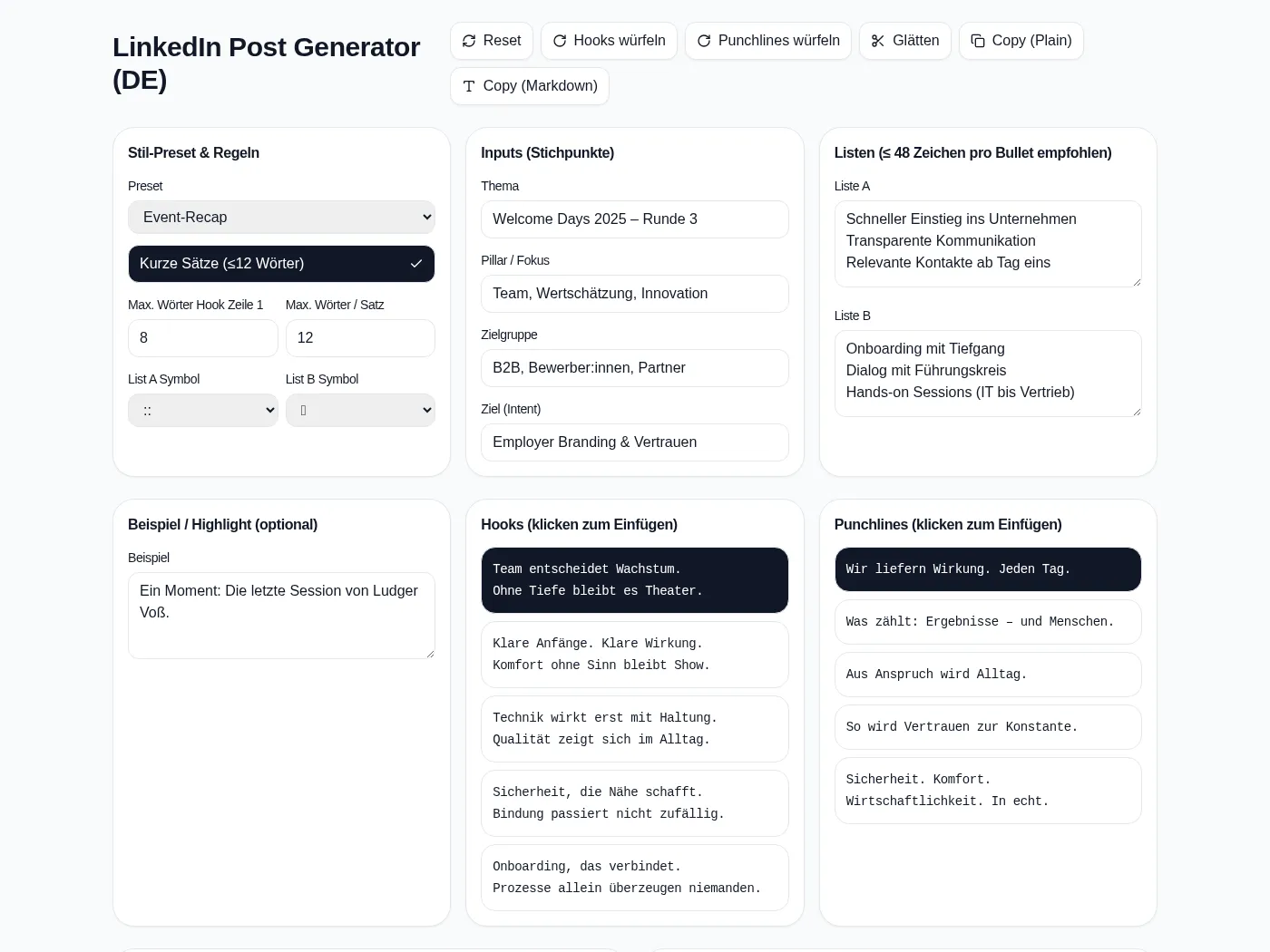 Blink: LinkedIn Post Generator (German Preset)