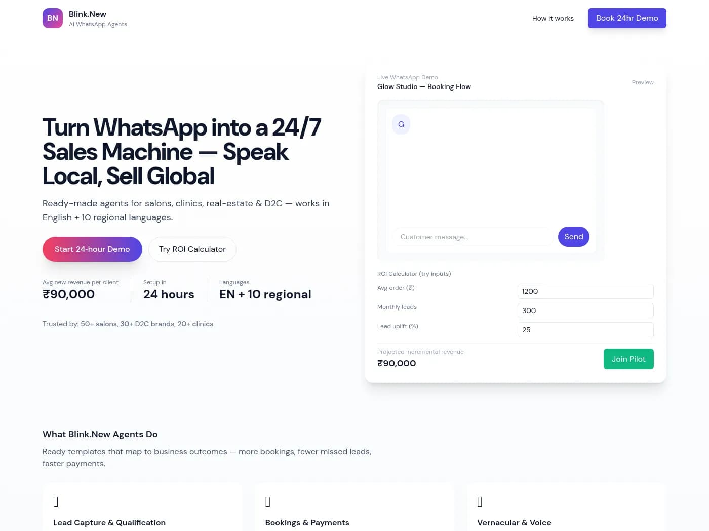 Blink.New Ultra-Converting AI WhatsApp Agents Landing Page for Indian SMBs