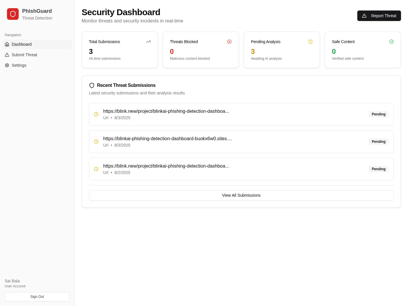 BlinkAI Phishing Detection & Response Dashboard